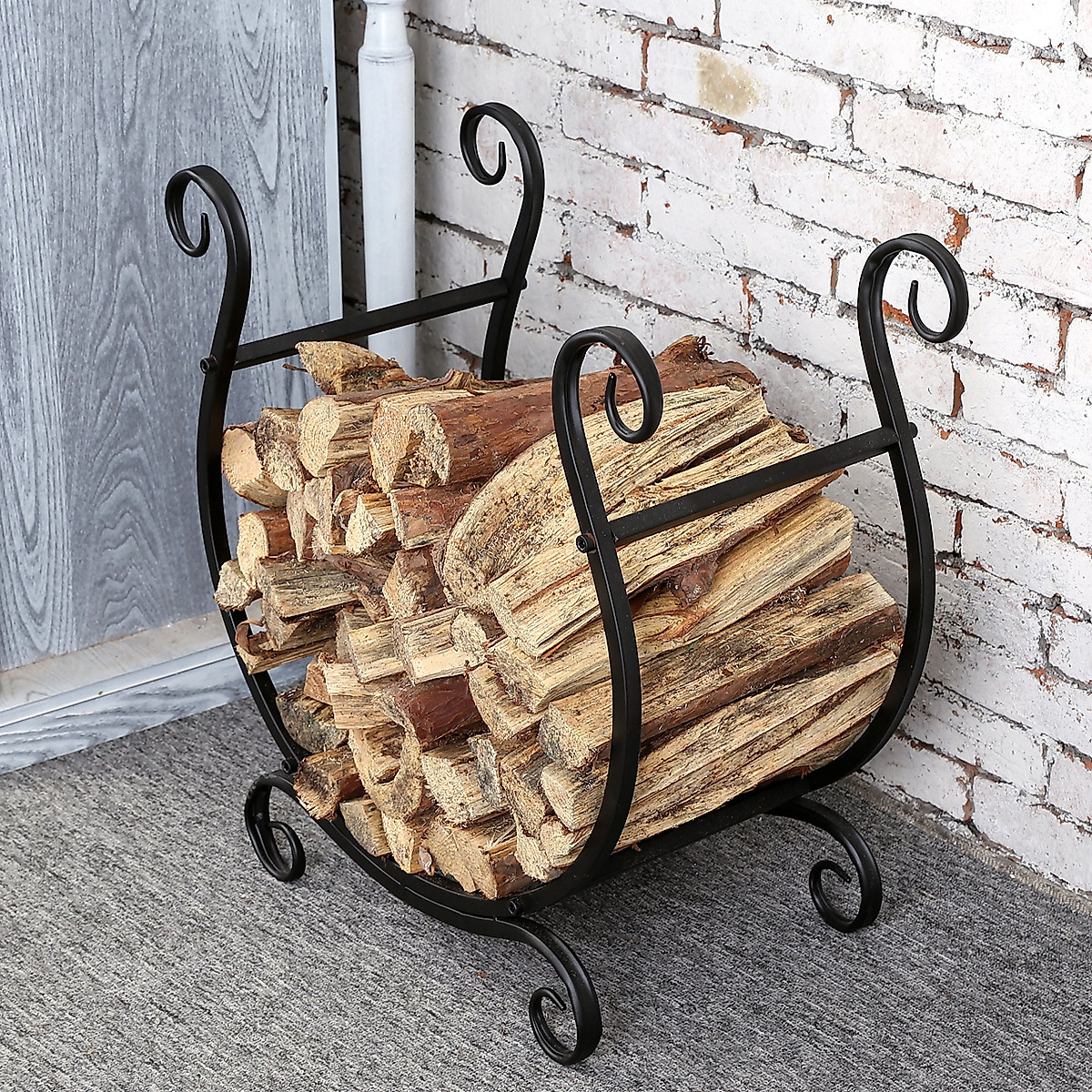 MyGift Black Metal Firewood Rack, Freestanding Fireplace Log Storage Holder with Scrollwork Design