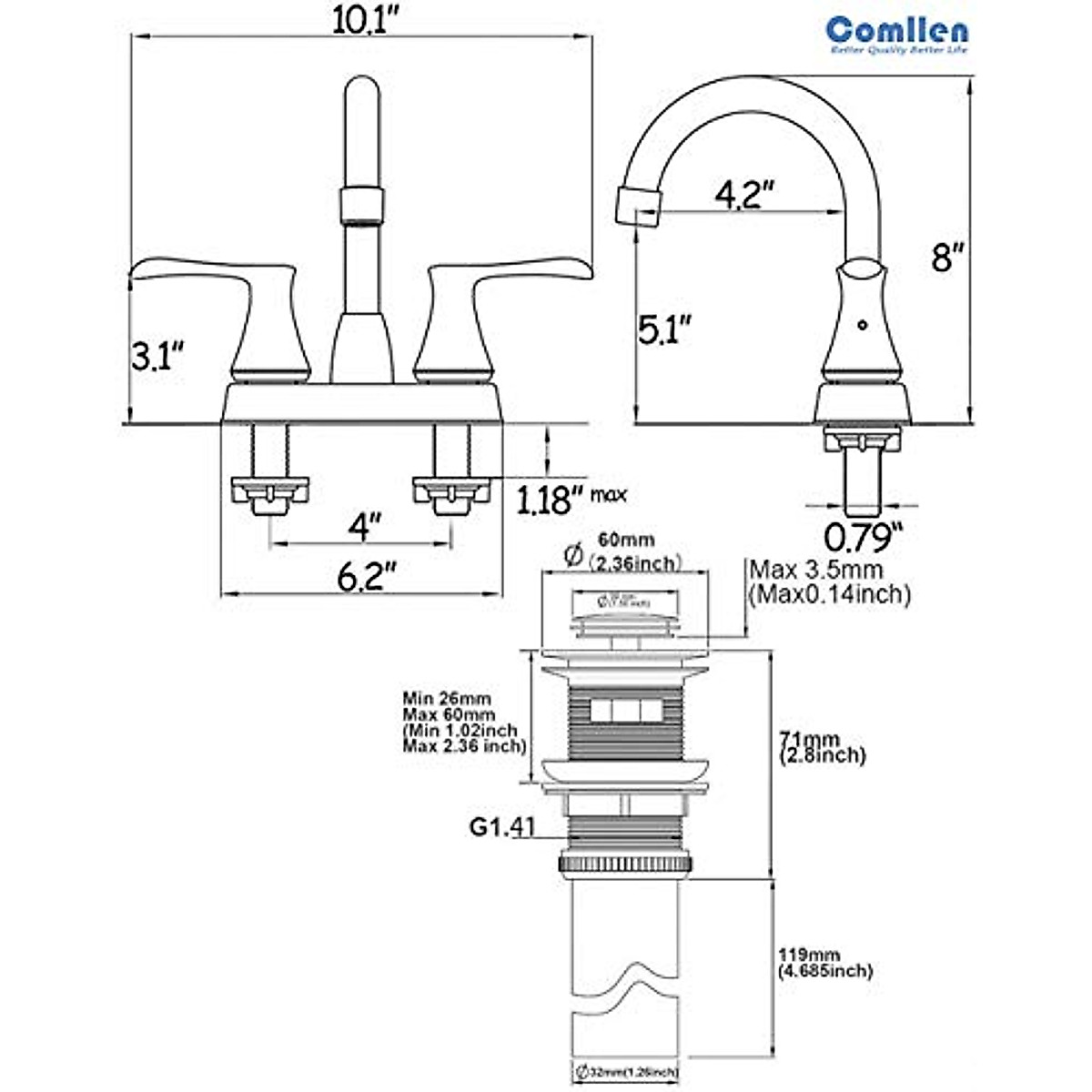 Comllen 2 Handle 4 Inch Brushed Nickel Bathroom Faucet, Modern Camper Centerset Vanity Faucet Brushed Nickel Stainless Steel RV Lavatory Bathroom Sink Faucets 3 Hole
