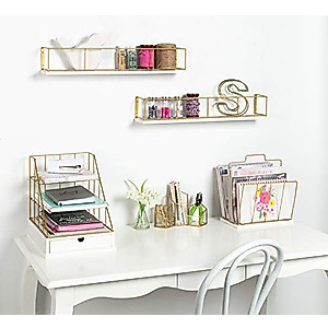 Kate and Laurel Benbrook 24 inch 2-Pack Wood and Metal Floating Wall Shelves, White and Gold