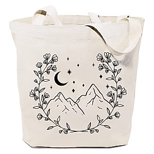SAUIVD Mountain Moon Flowers Cotton Canvas Tote Bag Mountains Wreath Handbag for Party Grocery Shopping Market