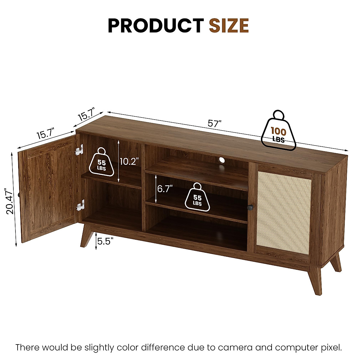 AWQM Rattan TV Stand for 65 Inch TV, TV Console Table with 2 Rattan Doors, Modern Entertainment Center with Storage Cabinet and Open Shelves, for Living Room, Bedroom, Walnut