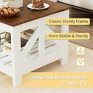 JUMMICO 39” Farmhouse Coffee Table for Living Room, 2-Tier Modern Living Room Table with Storage Shelf, Rustic Rectangular Center Table Space Saving Home Furniture (Rustic Brown & White)