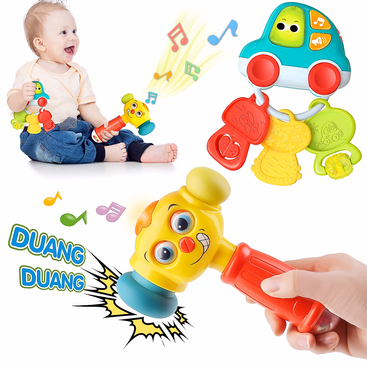 iPlay, iLearn Baby Musical Toys for 1 Year Old, Toddler Hammer Pounding Toy W/Lights and Sounds, Infant Key Sensory Teething, Learning Christmas Babies Gift for 12 18 Months 1-3 Yr Old Kid Girls Boys