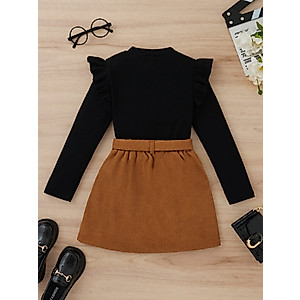 Floerns Girls 2 Piece Outfit Ruffle Trim Long Sleeve T Shirt and Short Skirt Set Brown Black 8 Years