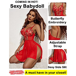 Avidlove Sexy Plus Size Lingerie Lace Nightgown Side Slit Babydoll Boudoir Outfits Sleepwear Red XL