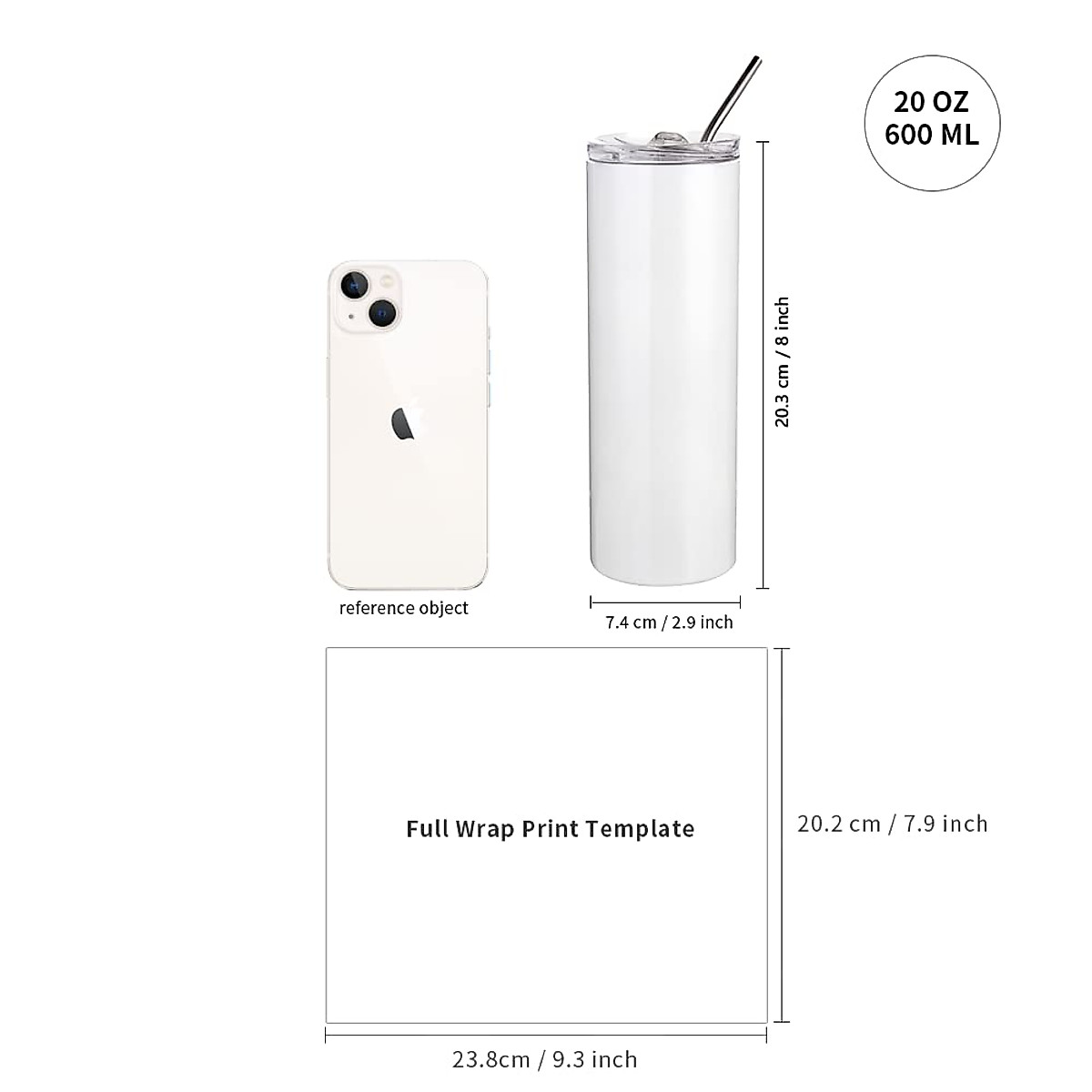 PYD Life 8 Pack Sublimation Tumblers Blanks 20 OZ Skinny White Straight Stainless Steel Cups with 10 PCS Shrink Wrap Film for Tumbler Press Machine Sublimation Oven Sublimation Printing