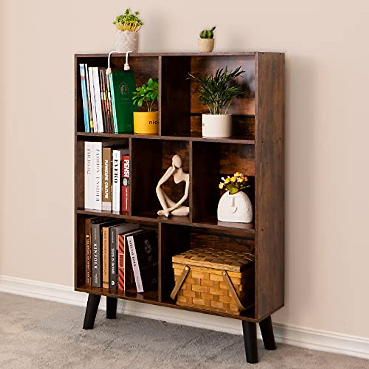 LEYAOYAO Cube Bookshelf 3 Tier Mid-Century Modern Bookcase with Legs,Retro Wood Bookshelves Storage Organizer Shelf,Freestanding Open Book Shelves,Rustic Brown Bookcases for Bedroom,Living Room,Office