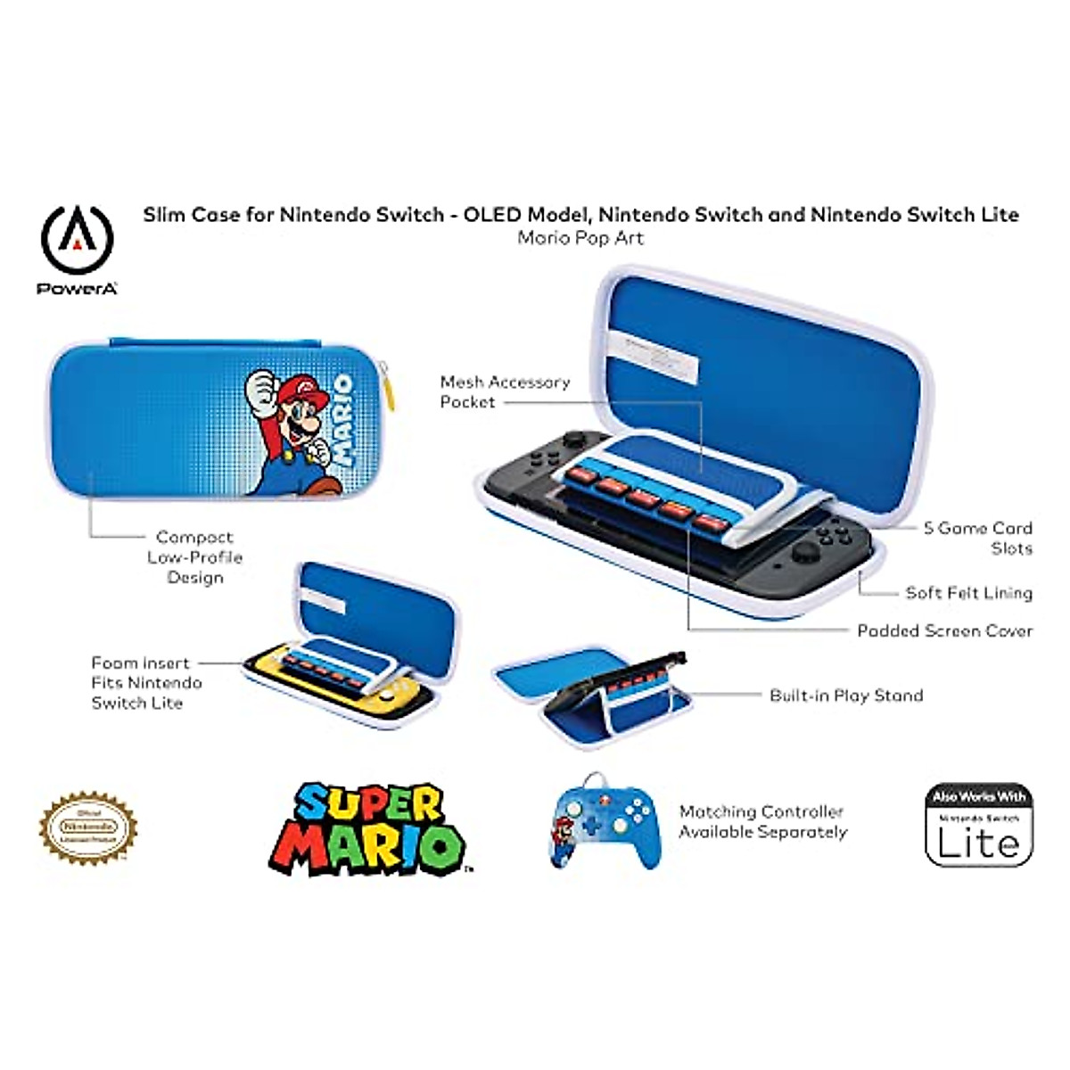 PowerA Slim Case for Nintendo Switch or Nintendo Switch Lite - Mario Pop Art, Protective Case, Gaming Case, Console Case, Accessories Storage, Officially Licensed - Nintendo Switch