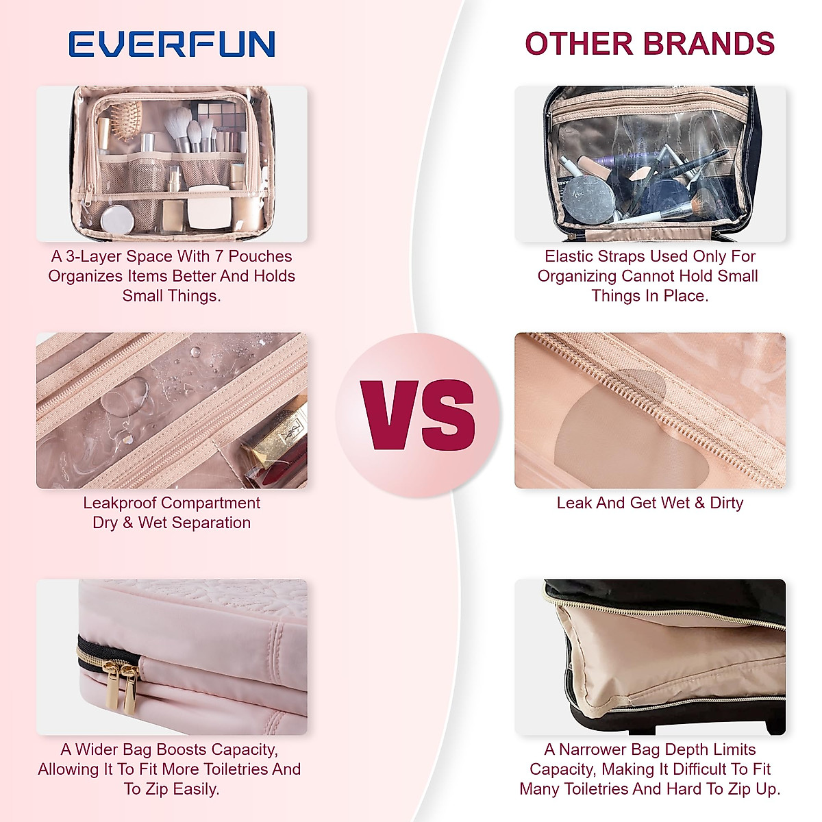 Everfun Hanging Travel Toiletry Bag for Women Traveling With Leakproof Compartment Makeup Cosmetic Organizer Dopp Kit Travel Accessories Essentials Must Have