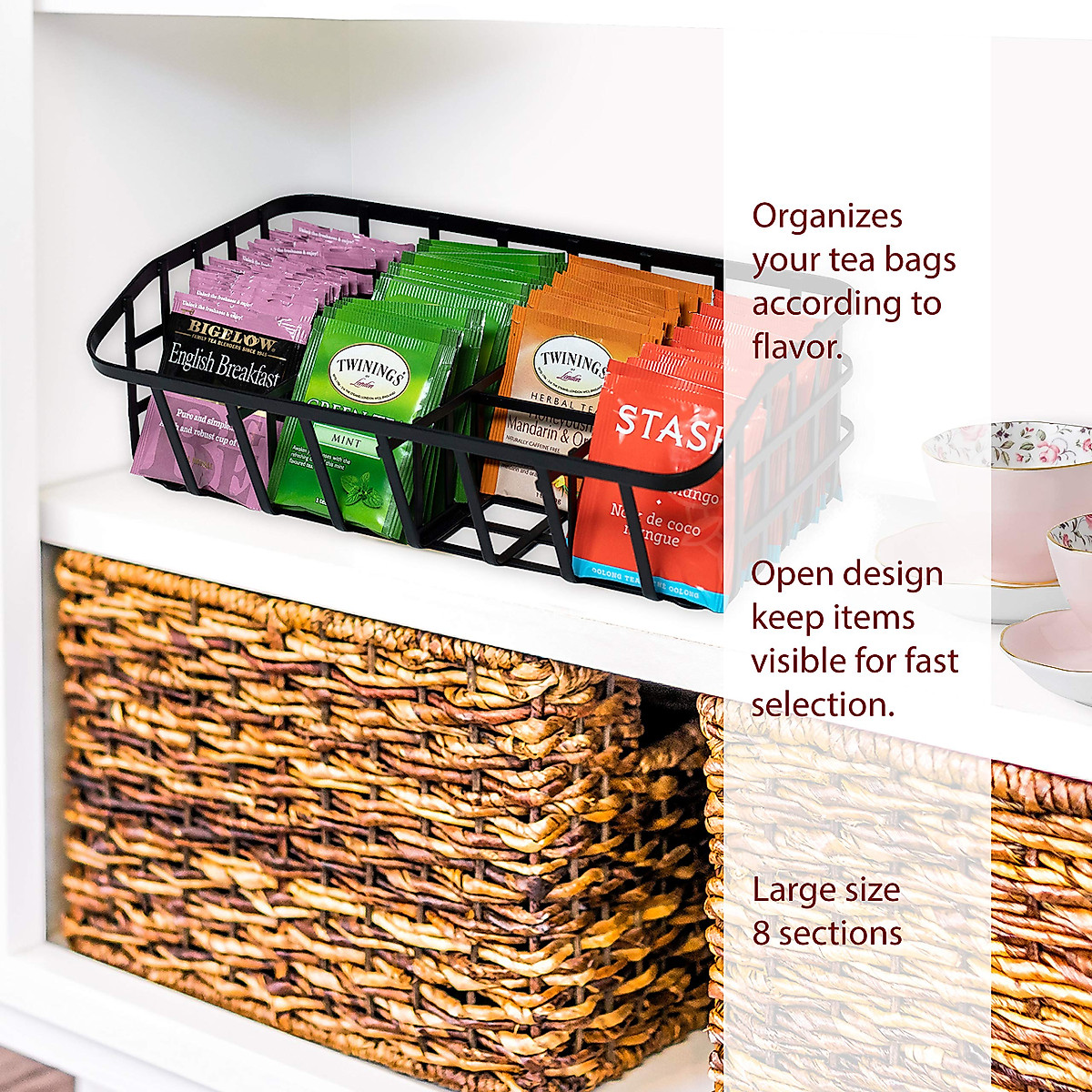 Baflan Tea Bag Organizer Caddy - Metal Tea Box Storage Holder for Tea, Cups, Pods, Packets, Condiment Accessories - Black