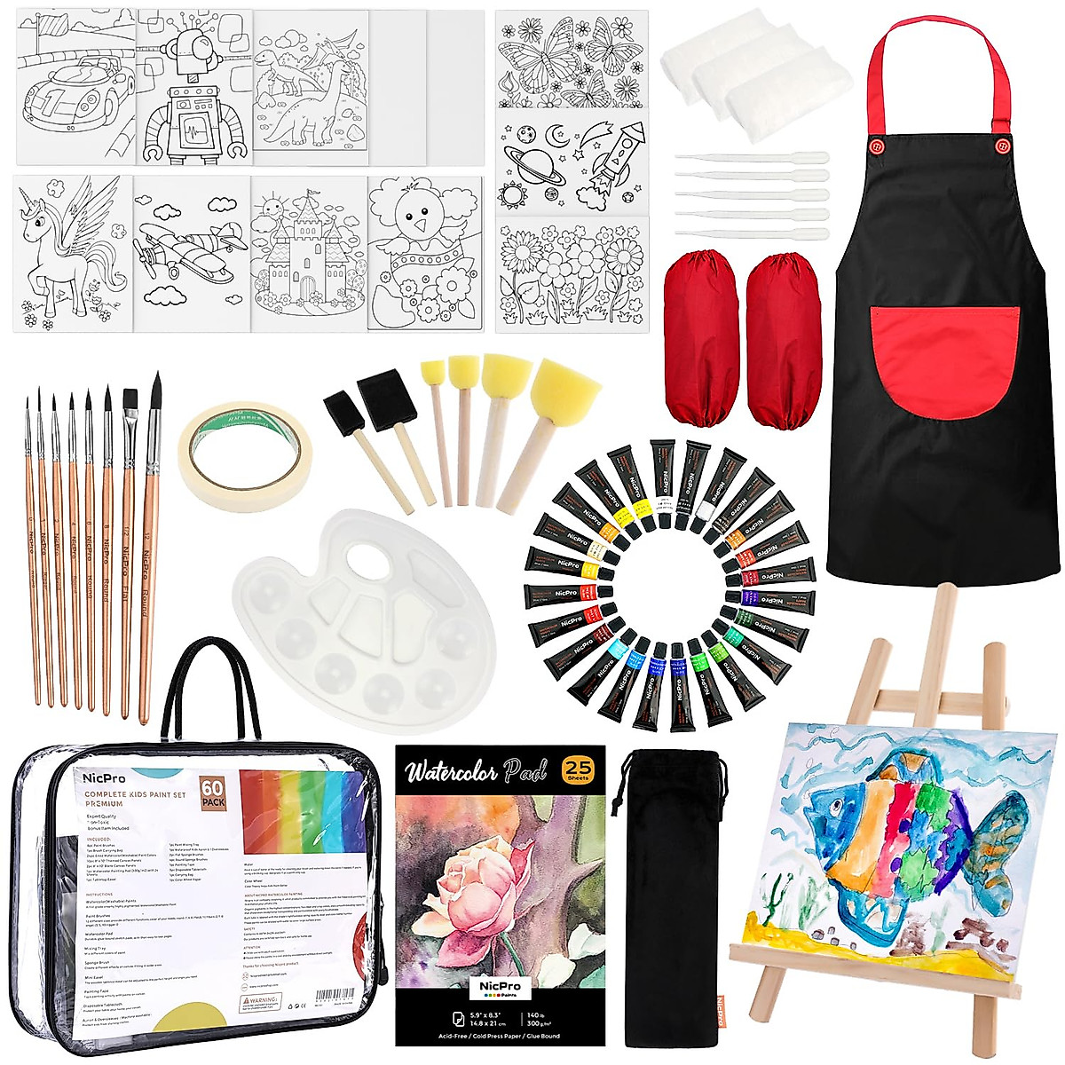 Nicpro 60 PCS Art Paint Set for Kids & Adult, Washable Watercolor Sip Painting Supplies Kit for Beginner with 24 Tube Water Color Paint, 8 Brushes,12 Canvas, Smock, 25 Papers Easel Sponge Palette Bag
