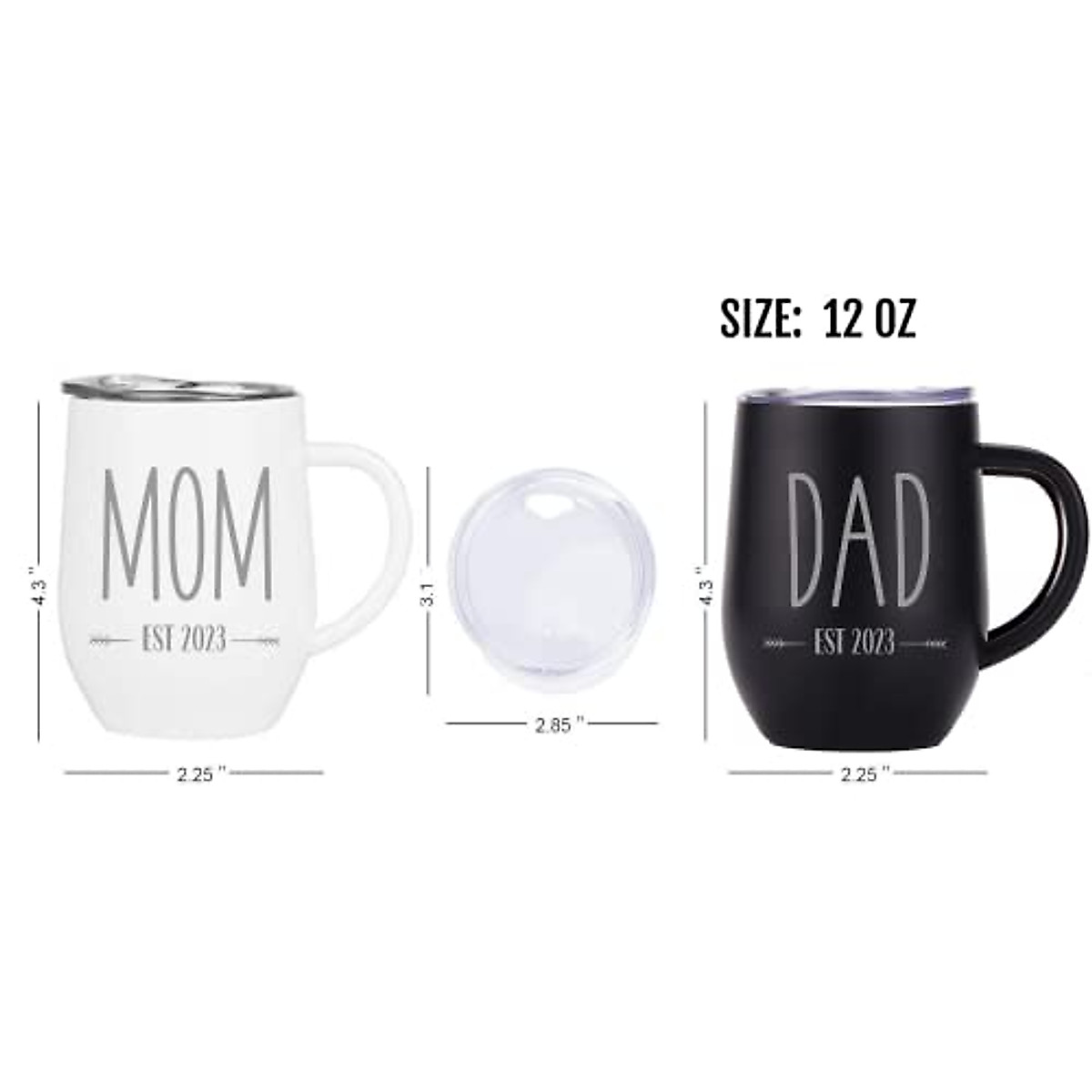 Pregnancy Gift Est 2023- Mom Est 2023 DAD Est 2023 ENGRAVED Stainless Steel Coffee Tumblers - Gift Set for New Parents to Be-Baby Shower Gifts for Parents -Mom and Dad Mugs for Expecting Parents