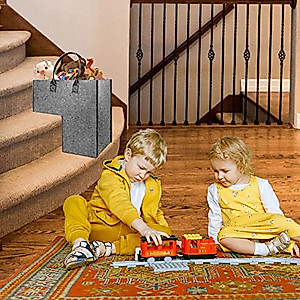 LASZOLA 2 Pack Staircase Organizer Basket Felt Stair Basket, Large Stair Storage Organizer with Faux Leather Handles L-Shape Stair Tidy Basket for Laundry Toys Household Items - Durable & Collapsible