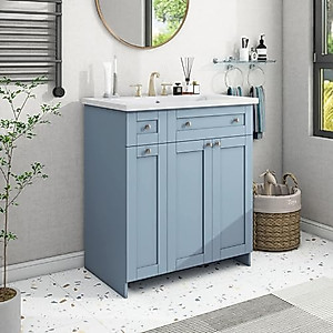 PrimaevalColossus 30" Modern Bathroom Vanity with Sink Combo, Freestanding Bathroom Vanity with Resin Sink Single Bathroom Cabinet Set with Soft Closing Doors & Drawers, Blue