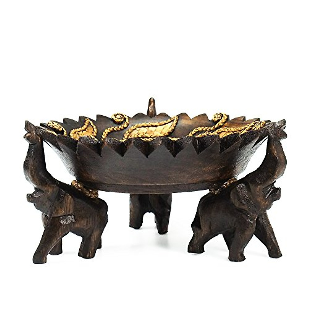 AeraVida Rejoicing Elephant Leaves Carved Rain Tree Circular Wooden Tray