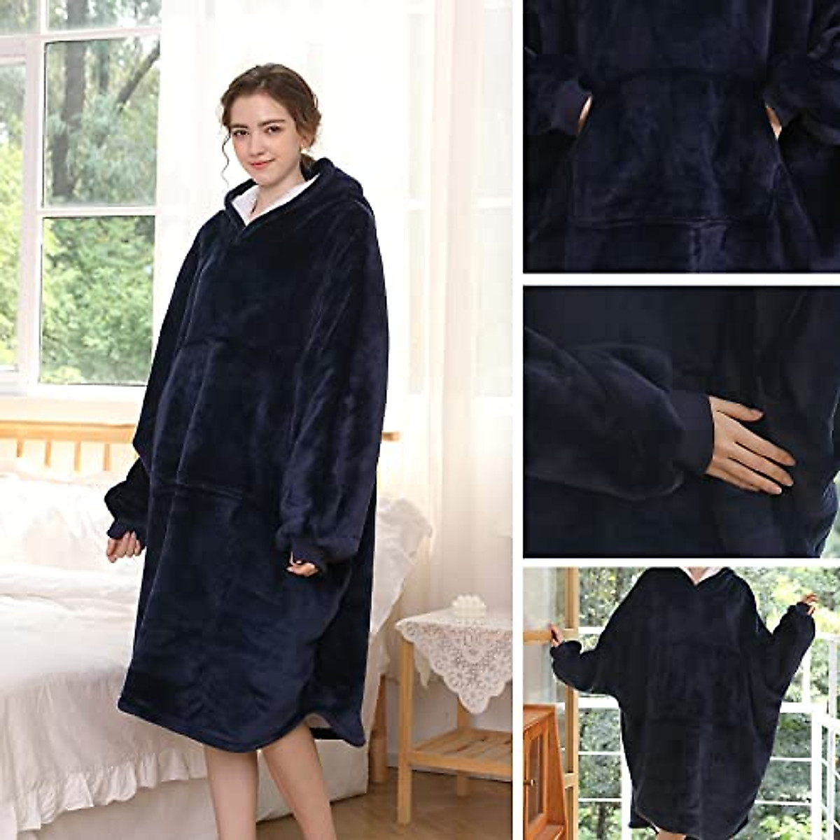 Wearable Blanket Hoodie for Men & Women, Oversized Hoodie Blanket Adult, Sherpa Fleece & Flannel Blanket with Sleeves and Giant Pocket, Machine Washable, Convenient for Home and Outdoors, Navy Blue