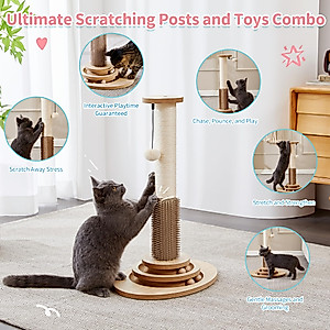 Made4Pets Cat Scratching Post, 23" Tall Sisal Cat Scratcher Post with Cat Self Groomer, 4-in-1 Interactive Trackball Toys with Cat Hair Brush, Vertical Cat Climbing Tree with Dangling Plush Balls