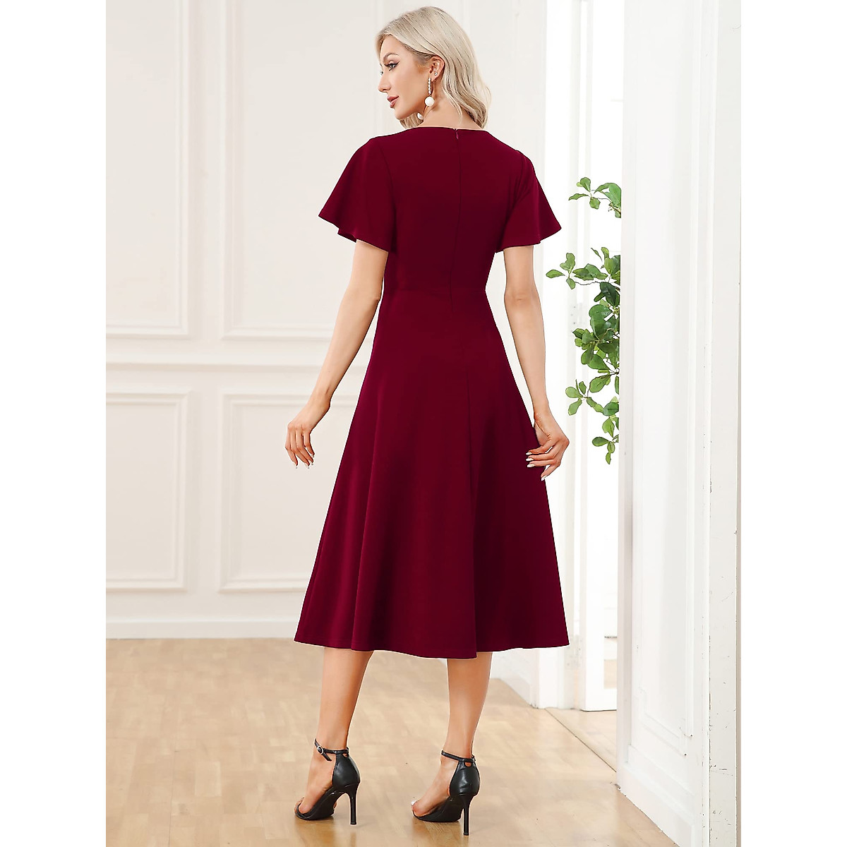 Ever-Pretty Women's Summer V-Neck Ruffles Sleeves Pleated Midi Evening Dress with Sleeves Burgundy US8