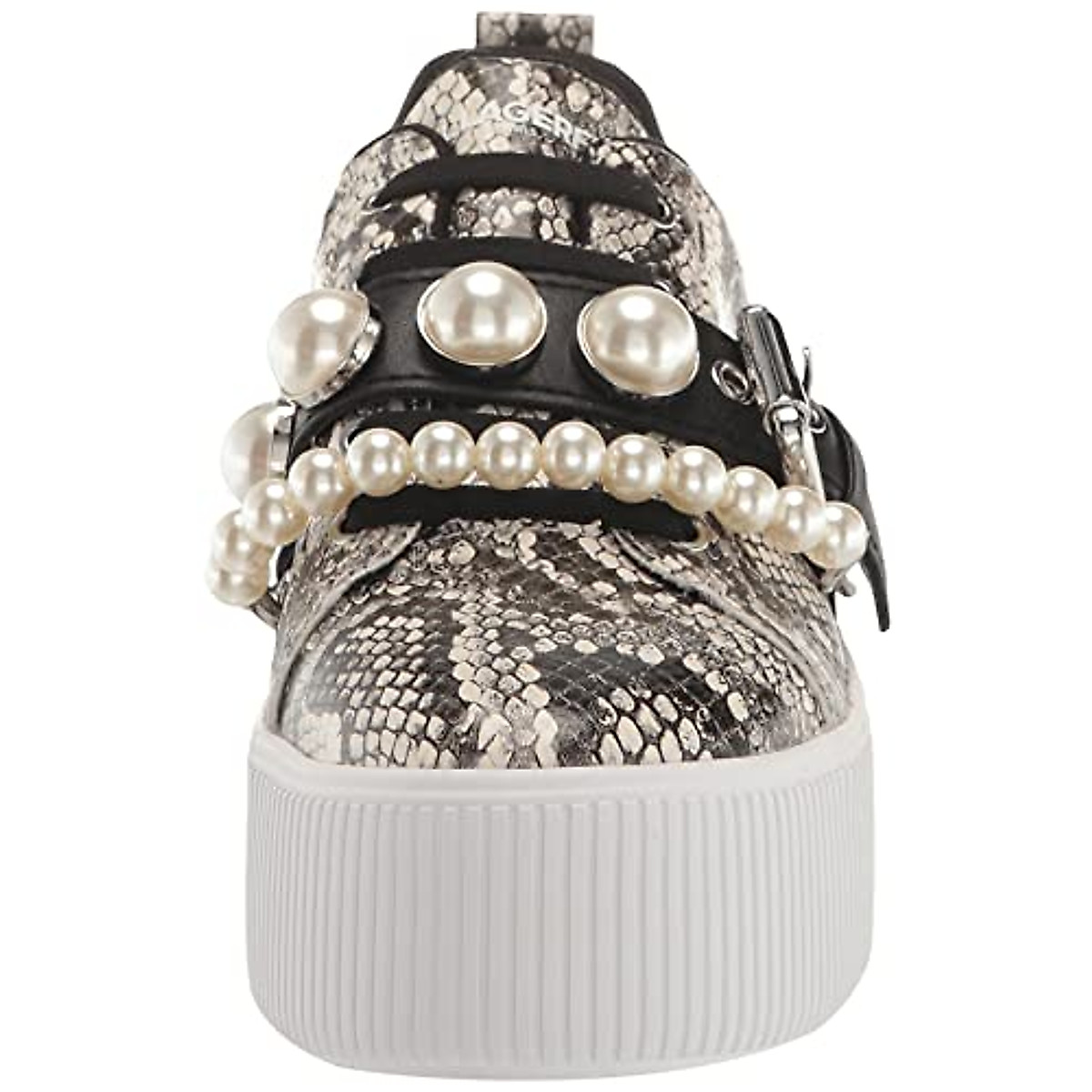 Karl Lagerfeld Paris Women's Vidya Pearls-Lace Sneaker, Black/White, 9.5