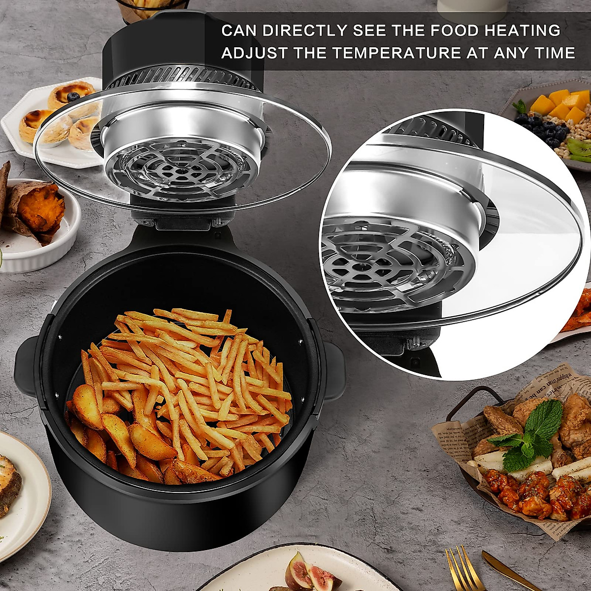 LATURE 5.5 QT Air Fryer Timer & Temperature Controls, with Glass Lid, Dishwasher Safe and Non-stick Basket, 1300W, Oil-Less Healthy Cooker MET Certified with Recipes (Black-Glass Lid)