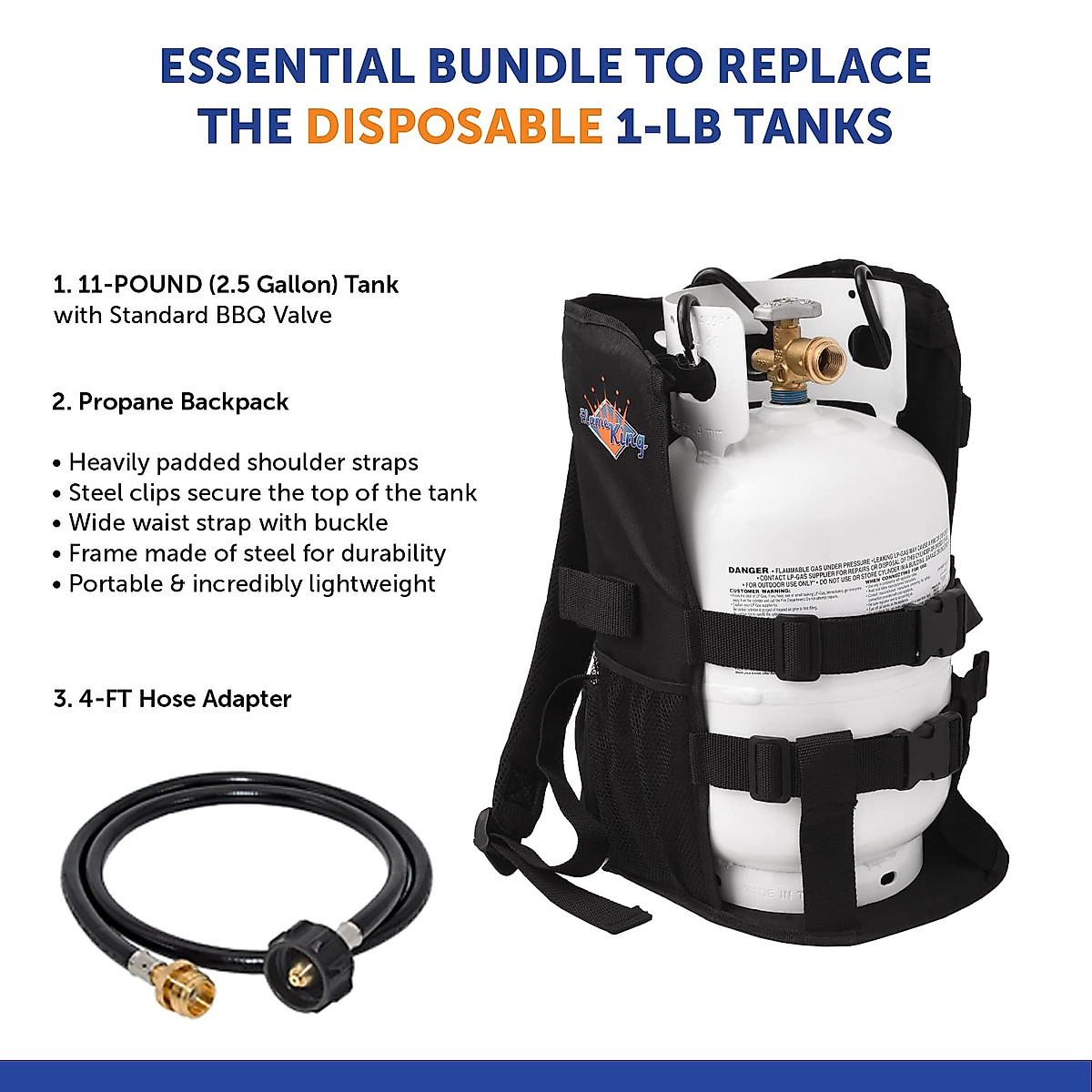 Flame King Refillable Gas Hauler 10 Pound Propane Tank with Carry Case and Adapter Hose