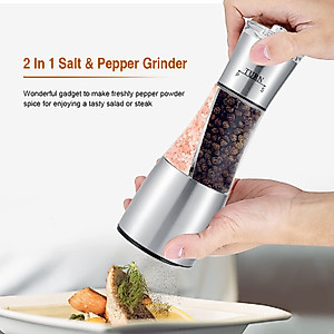 Salt and Pepper Grinder Set, Refillable Stainless Steel Combo Shakers With Adjustable Coarse Mills, 2 in 1 Manual Stainless Steel Salt Pepper Mill Herb Spice Grinder