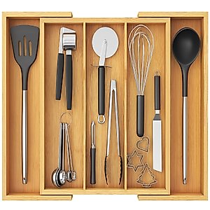 Lifewit Utensil Organizer for Kitchen Drawer, Expandable Cooking Utensil Tray, Bamboo Cutlery Silverware Flatware Holder, Adjustable Spatula Tools and Gadgets Storage Divider, Large, Natural