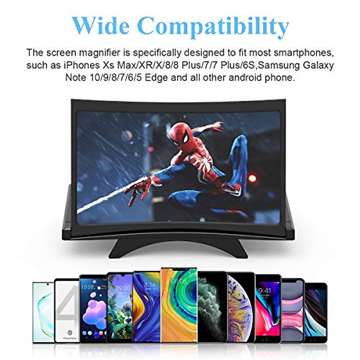 12" Curve Screen Magnifier –3D HD Mobile Phone Magnifier Projector Screen for Movies, Videos, and Gaming–Foldable Phone Stand with Screen Amplifier–Supports All Smartphones (Black)