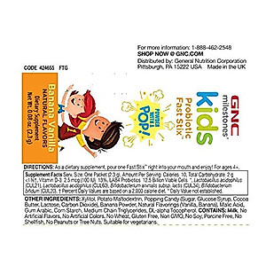 GNC Milestones Kids Probiotic Fast Stix for Kids 4-12 - Banana Vanilla, 30 Packets, Supports Digestive Health with 12.5 Billion CFUs