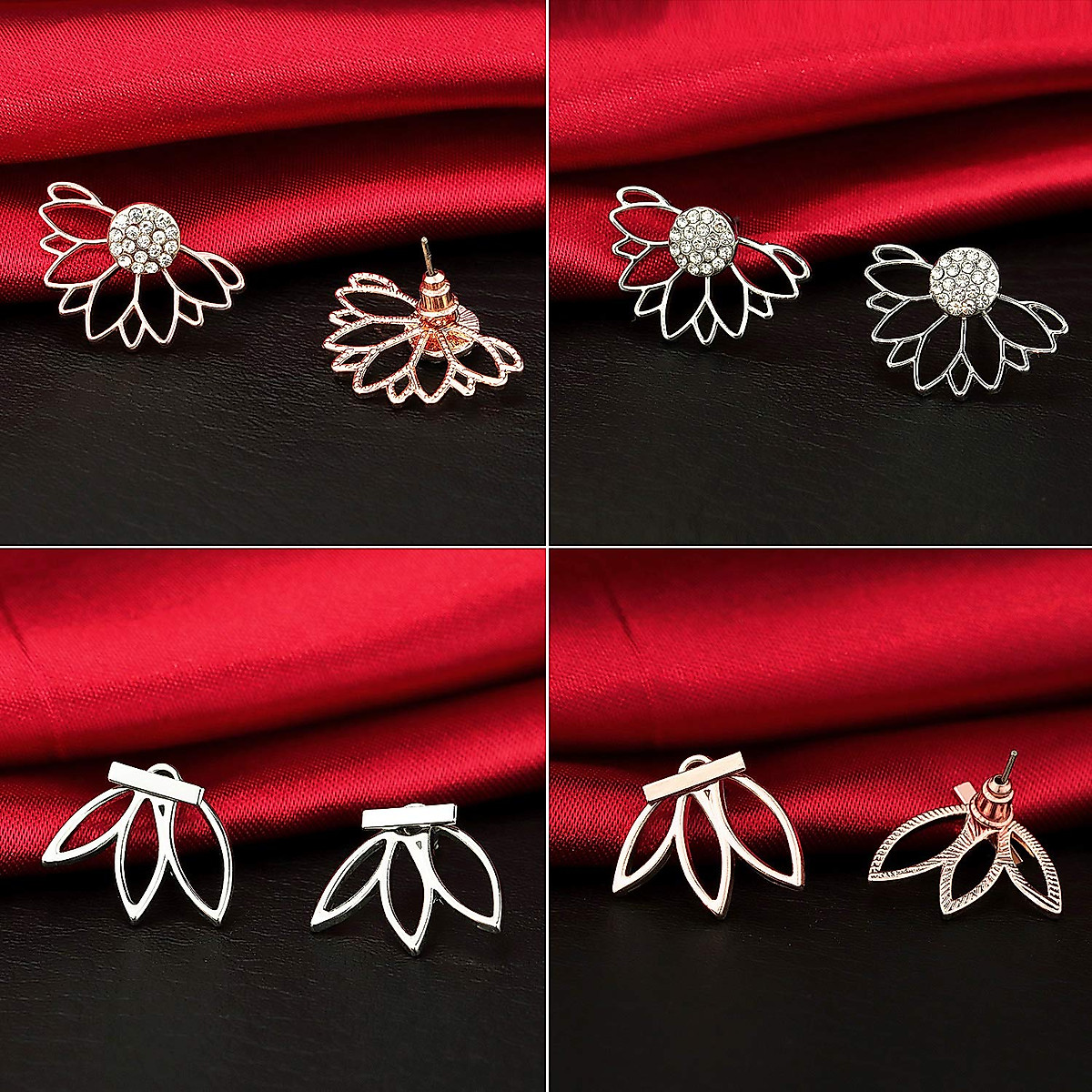 Suyi Fashion Hollow Lotus Flower Earrings Crystal Simple Chic Stud Earrings Set 8 Pairs