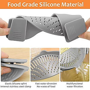 YEVIOR Clip on Strainer for Pots Pan Pasta Strainer, Silicone Food Strainer Hands-Free Pan Strainer, Clip-on Kitchen Food Strainer for Spaghetti, Pasta, Ground Beef Fits All Bowls and Pots (Grey)