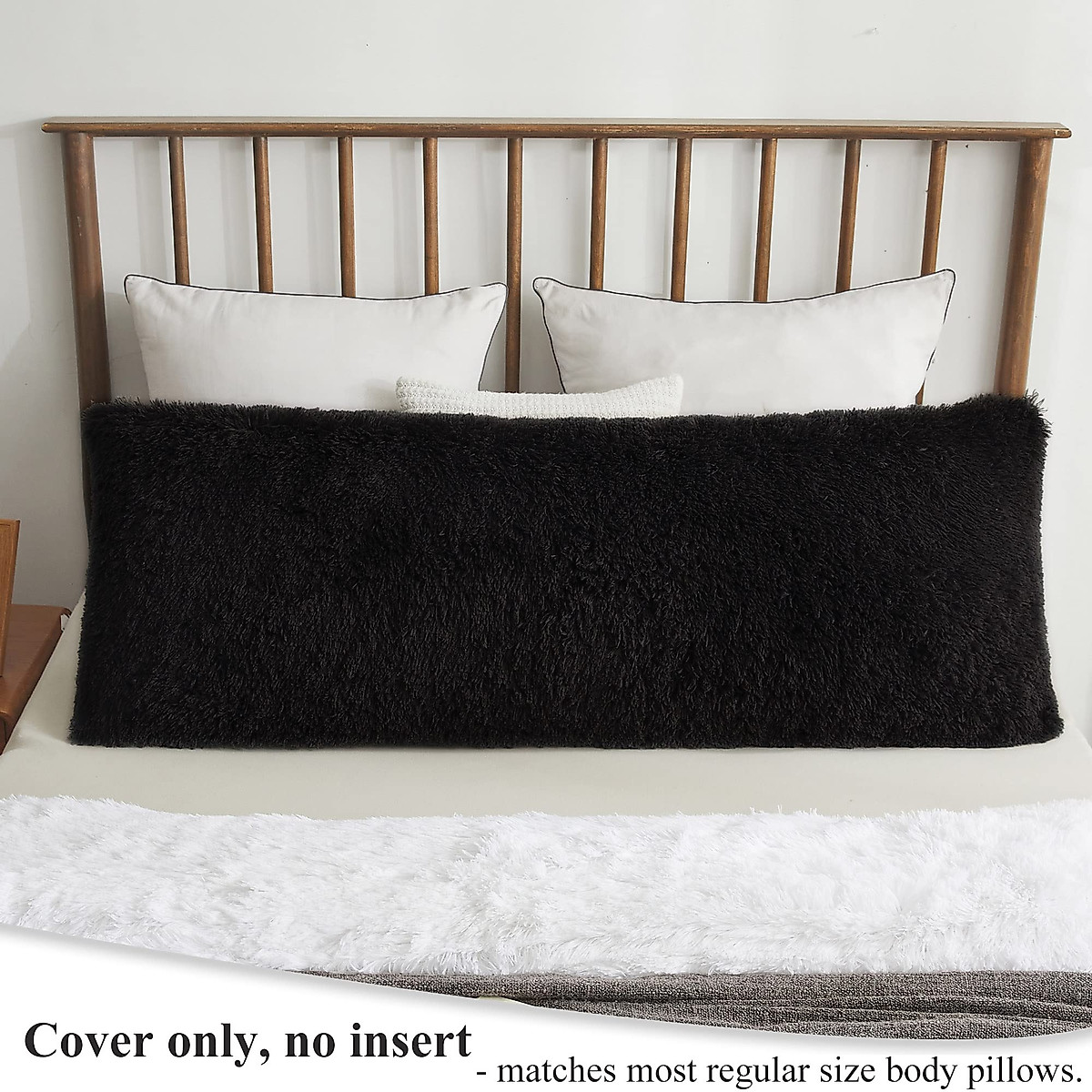 XeGe Soft Plush Body Pillow Cover, 20x54 Big Fluffy Body Pillowcase, Boho Faux Fur Fuzzy Long Decorative Pillow Sham for Bedroom Sofa Couch, Solid Shaggy Throw Bed Pillow Case Black
