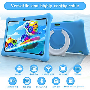 SGIN 10.1 inch Kids Tablet Android 12, 64GB ROM 2GB RAM(TF Card 512GB), Pre-Installed iWawa, Parental Control, 2.4G/5G WiFi, BT4.2, Dual Camera, Educational, Toddler Tablet Shockproof Case(Blue)