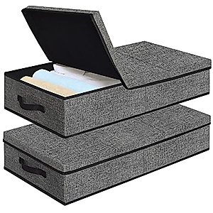 homyfort Under Bed Storage Containers Bins with Lids, Foldable Stackable Underbed Storage Boxes Organizer with 2 stury handles for Clothing, Blankets, Sweaters,sheets, Black, set of 2