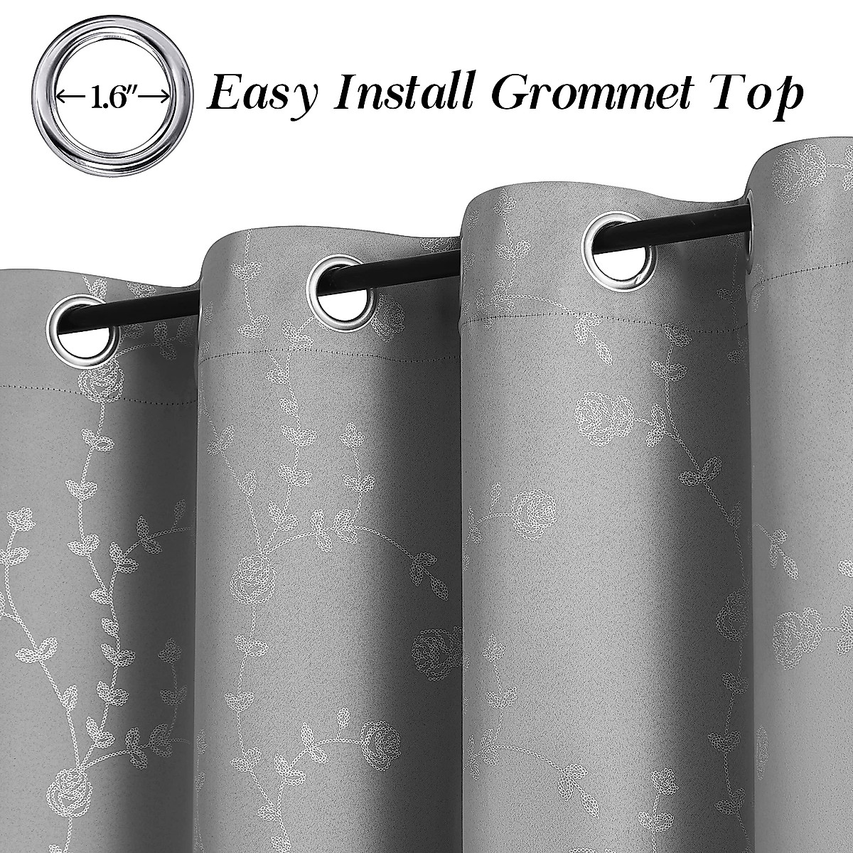 Fragrantex Grey Rose Blackout Curtains Set 84 Inch Length for Bedroom 2 Panels, Thermal Insulated Floral Print Patterned Decorative Room Darkening Living Room Drapes Grommet Top, 52" x 84"