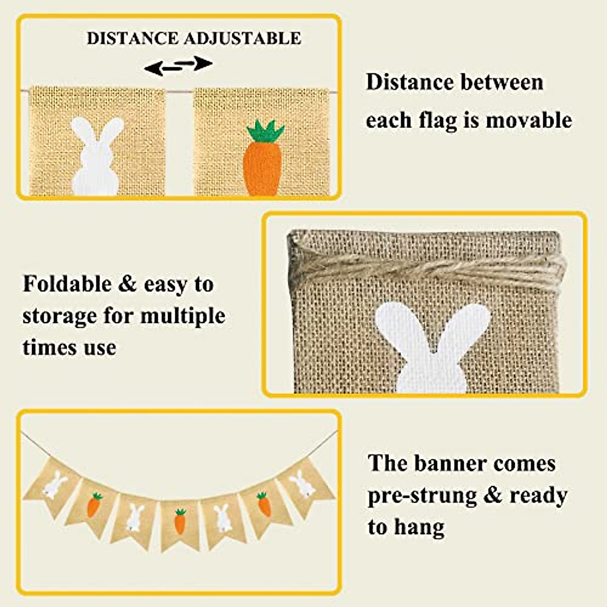 FAKTEEN Happy Easter Burlap Banner Decorations Rabbit & Carrot Hanging Bunting Garland for Spring Easter Party Décor Photo Booth Backdrop