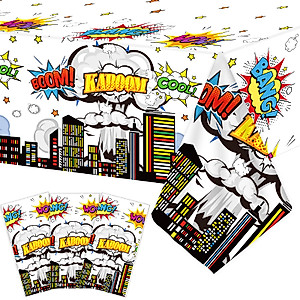3 Pieces Super Theme Hero Party Tablecloths Hero Themed Birthday Party Supplies Hero Action Sign Plastic Table Cover Fun Hero Tablecover for Happy Birthday Baby Shower Party Decorations