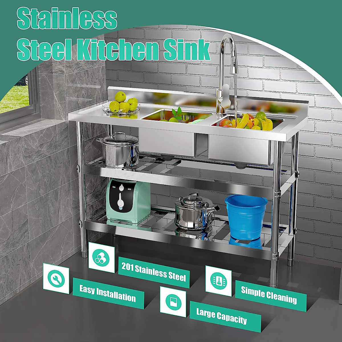 LIYUANJUN 3 Tier Commercial Sink, 201 Stainless Steel Sink With 2 Washing Hand Basins&Drain Pipe&Faucet Indoor Floor Standing Sink for Kitchen Hotel Restaurant Storage Shelves