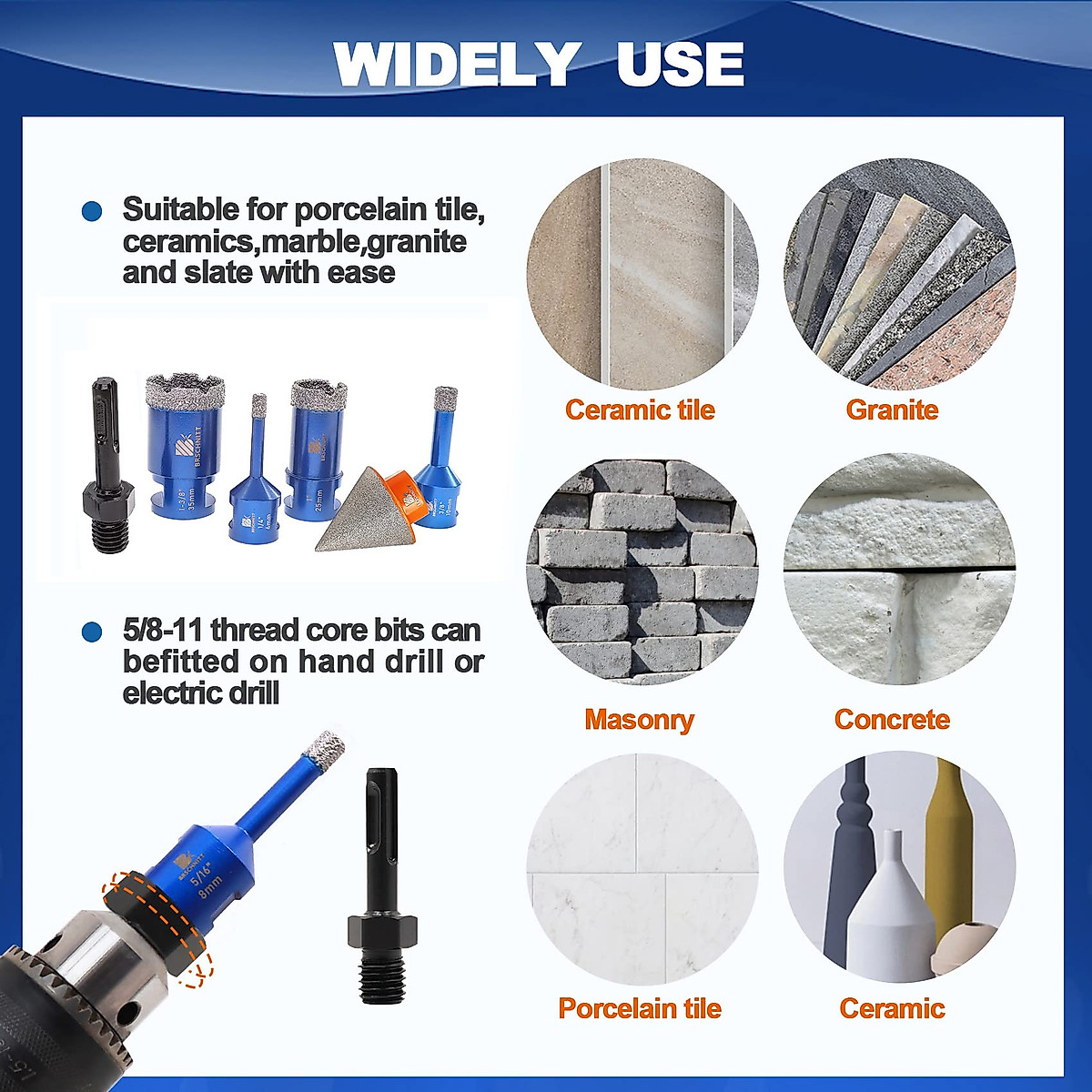 Diamond Core Drill Bit Set - 6/8/25/35 Diamond Hole Saw & for Porcelain Tile Ceramic Marble Granite Drilling 1-3/8"Diamond Chamfer bit with 5/8-11 Thread&Adapter