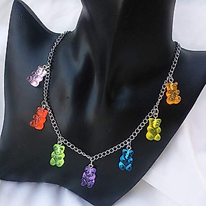 Colorful Gummy Bear Necklace Bracelet Hairpin Set Fashion Resin Candy Color Tiny Animal Charms Dangling Pendant Necklace Barrette for Women Adorable Gift