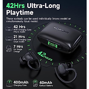 KORSKR Wireless Earbuds Bluetooth 5.3 Ear Buds 42Hrs Playtime Bluetooth Headphones with Charging Case Stereo Bass Over-Ear Earphones with Earhooks Built-in Mic Waterproof Headset for Sports Black