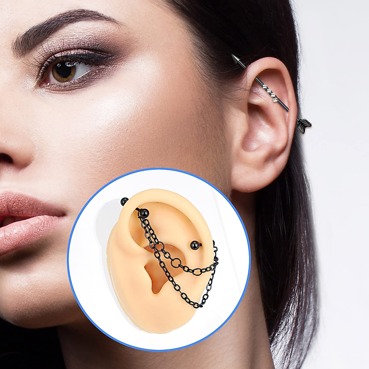 Longbeauty 14G Industrial Barbell Earrings with Chain Surgical Steel Dangle Industrial Bar Piercing Jewelry Cartilage Helix Industrial Earrings for Women Men