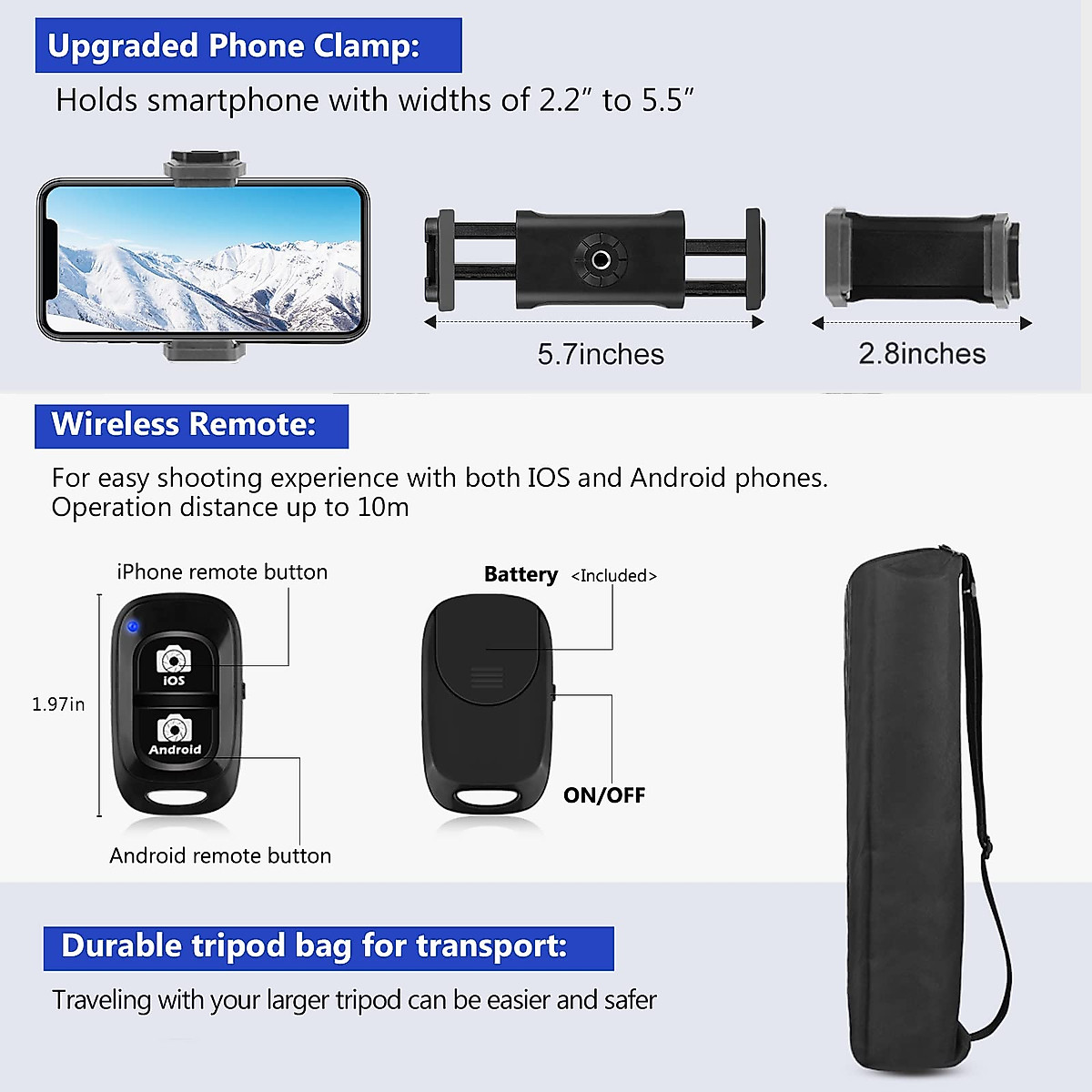 Aureday 74’’ Camera Tripod with Travel Bag,Cell Phone Tripod with Wireless Remote and Phone Holder, Compatible with DSLR Cameras,Cell Phones,Projector,Webcam,Spotting Scopes(Blue)