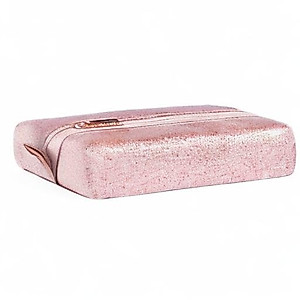 Comfyable Small Cosmetic Bag for Rectangular Makeup Bag Waterproof Glitter Cute Toiletry Pouch Rose Gold Sparkly Shiny Pink