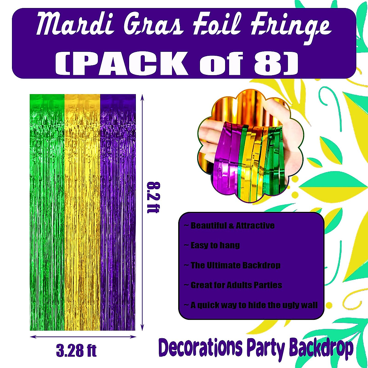8 Pack Mardi Gras Tinsel Foil Fringe Curtain Backdrop, 3.28Ft x 8.2Ft Gold Green Purple Metallic Streamers for Photo Booth Birthday Wedding Bridal Shower Bachelorette Party Valentine's Day Decoration