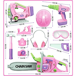 Kids Tool Set with Electric Toy Drill Chainsaw Jigsaw Toy Tools for Girl, Realistic Kids Power Construction Pretend Play Tools Set Toddler Toys Playset Kit for Toddler Boy Girl Kid Child Tool Toy Pink