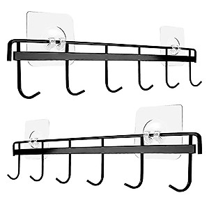 2 Pack Kitchen Adhesive Wall Hooks Rack Rail,Spoon Hanger for Kitchen Hanging Spatulas Measuring Spoons Space Saving No Drilling Hanger with 6 Hooks for Bathroom Bedroom Closet(Black）