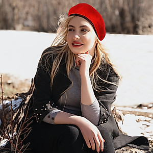 Zhehao Adjustable Wool Berets Solid Color Military Army Style Berets Beret Hats for Men and Women with Faux Leather Trim (Red, Black, 2 Pcs)