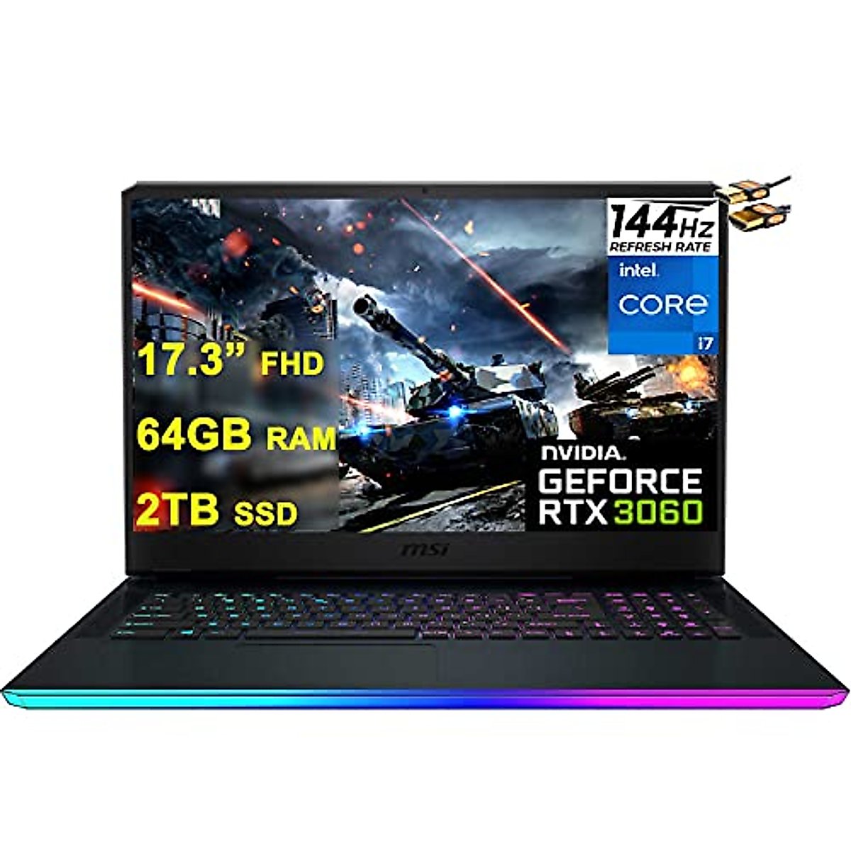 MSI GE76 Raider Gaming Laptop 17.3” FHD IPS 144Hz 11th Gen Intel 8-Core i7-11800H 64GB RAM 2TB SSD GeForce RTX 3060 6GB Backlit Thunderbolt USB-C MiniDP 2.5Gb Ethernet Win10 + HDMI Cable