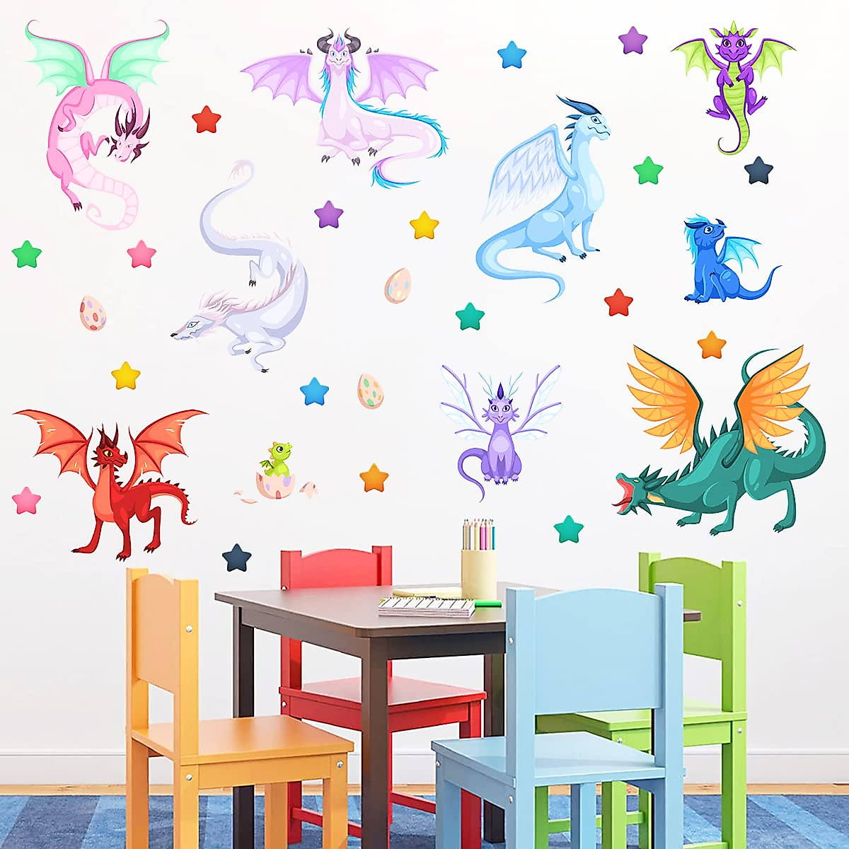 MEFOSS Creative Fairy Dragon Wall Decals Cartoon Large Wings Dragons Eggs Stars Wall Stickers Easy to Peel and Stick Wall Stickers Art Paper for Playroom Nursery Classroom Kids Bedroom Wall Decor